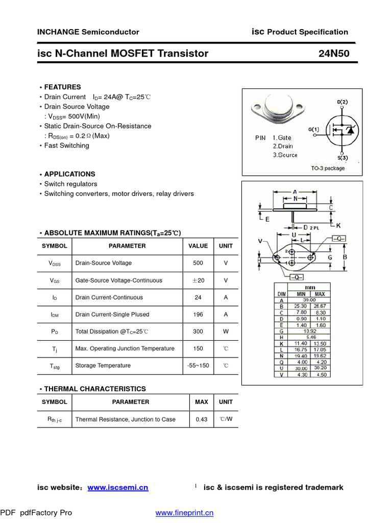 24N50 InchangeSemiconductor | PDF | Field Effect Transistor | Mosfet
