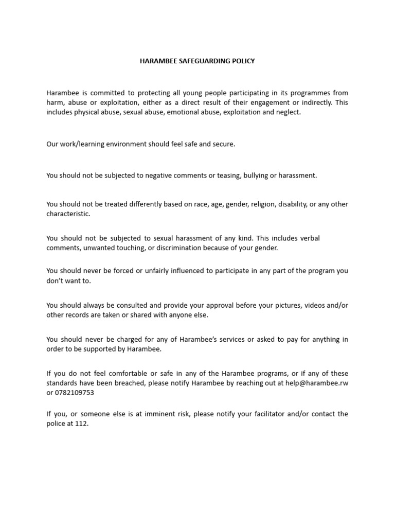 Harambee Safeguarding Policy | PDF | Prejudice And Discrimination | Injustice