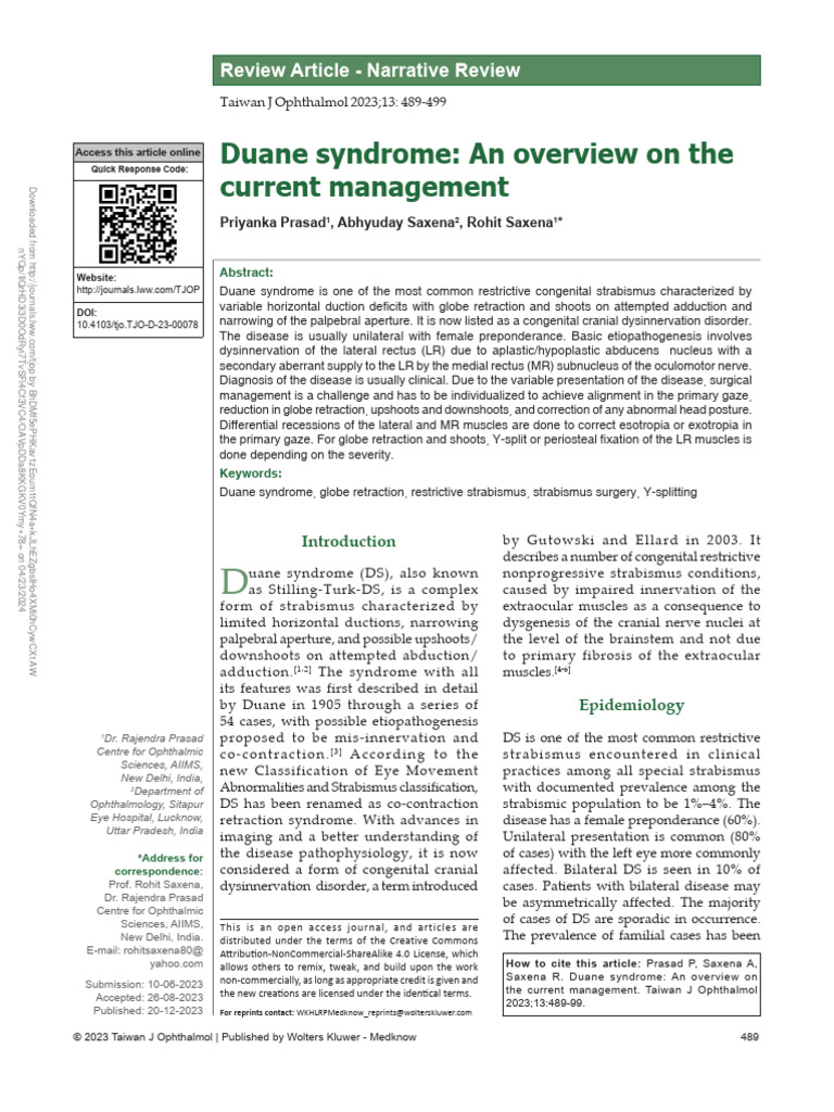 Duane Syndrome An Overview On The Current.11 | PDF | Medical ...