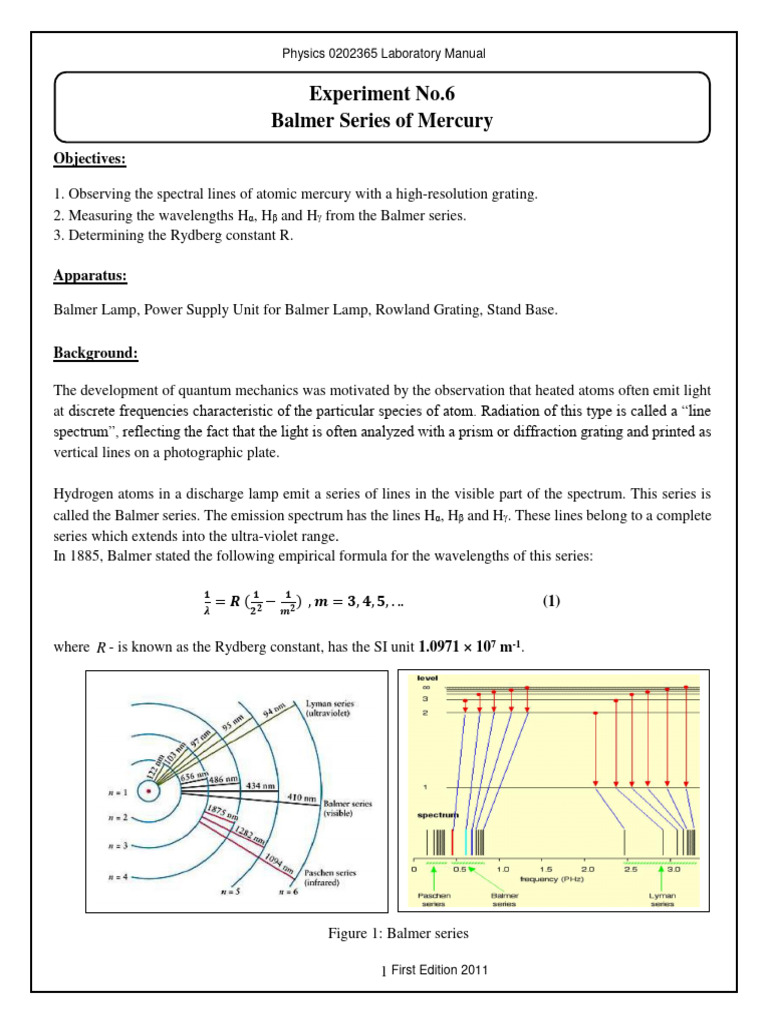 Exp. 6 Balmer Series of Mercury | PDF | Electromagnetic Spectrum | Atomic