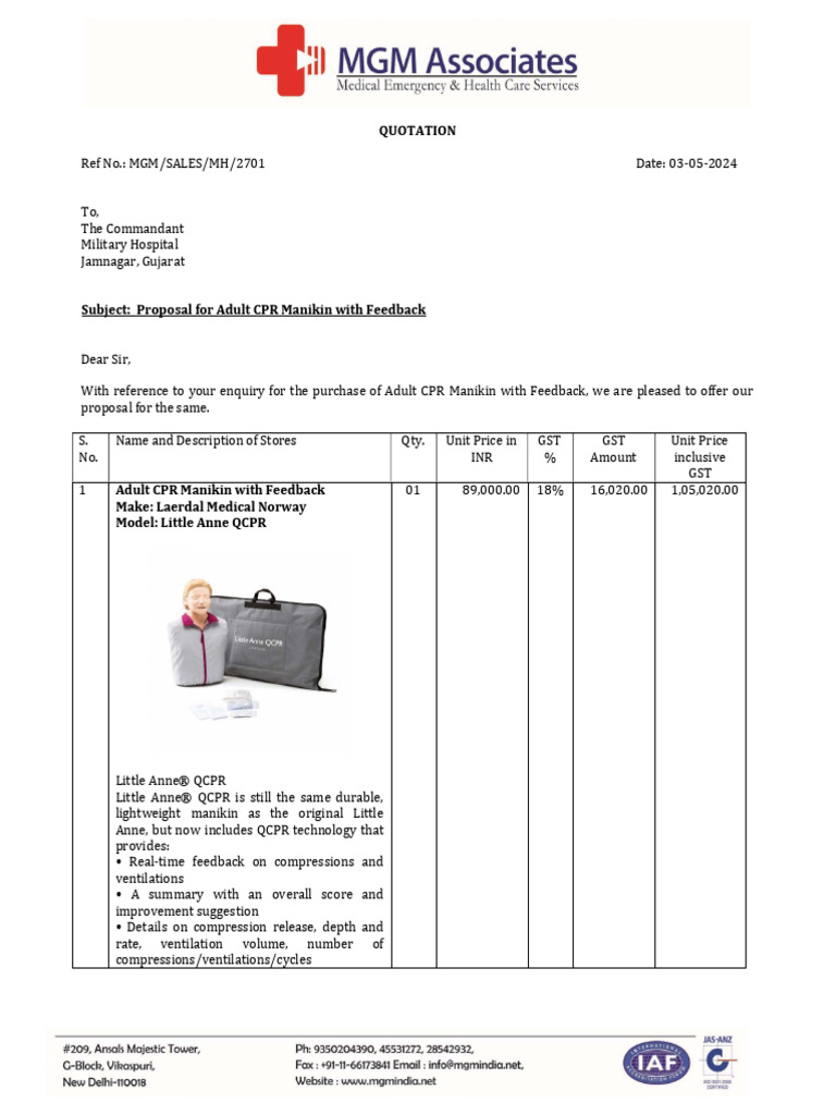 Proposal For Adult CPR Manikin With Feedback | PDF