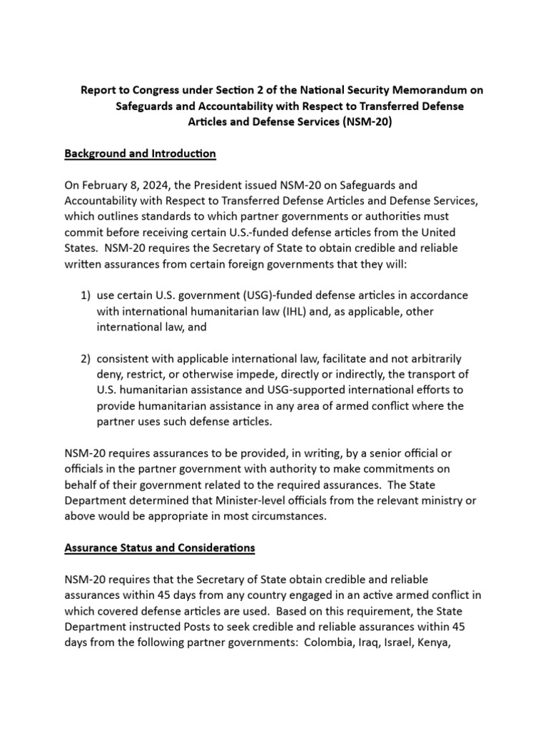 Report To Congress Under Section 2 of The National Security Memorandum ...