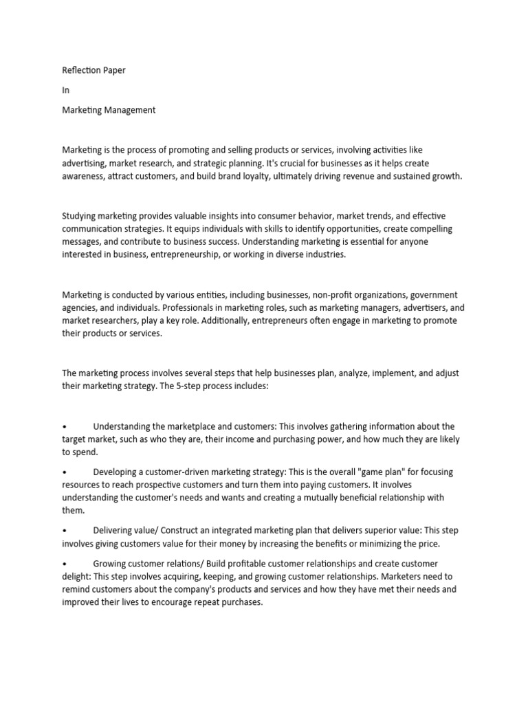 Marketing Management Reflection Paper | PDF | Marketing | Customer ...