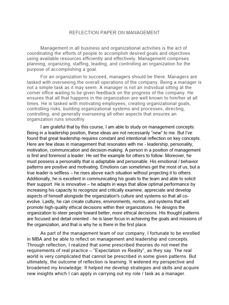 Reflection Paper On Management | PDF | Leadership | Goal
