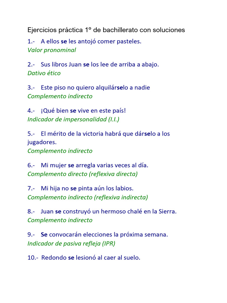 Ejercicios Práctica Se 1º Bachillerato Con Soluciones | PDF | Objeto (gramática) | Tipología ...