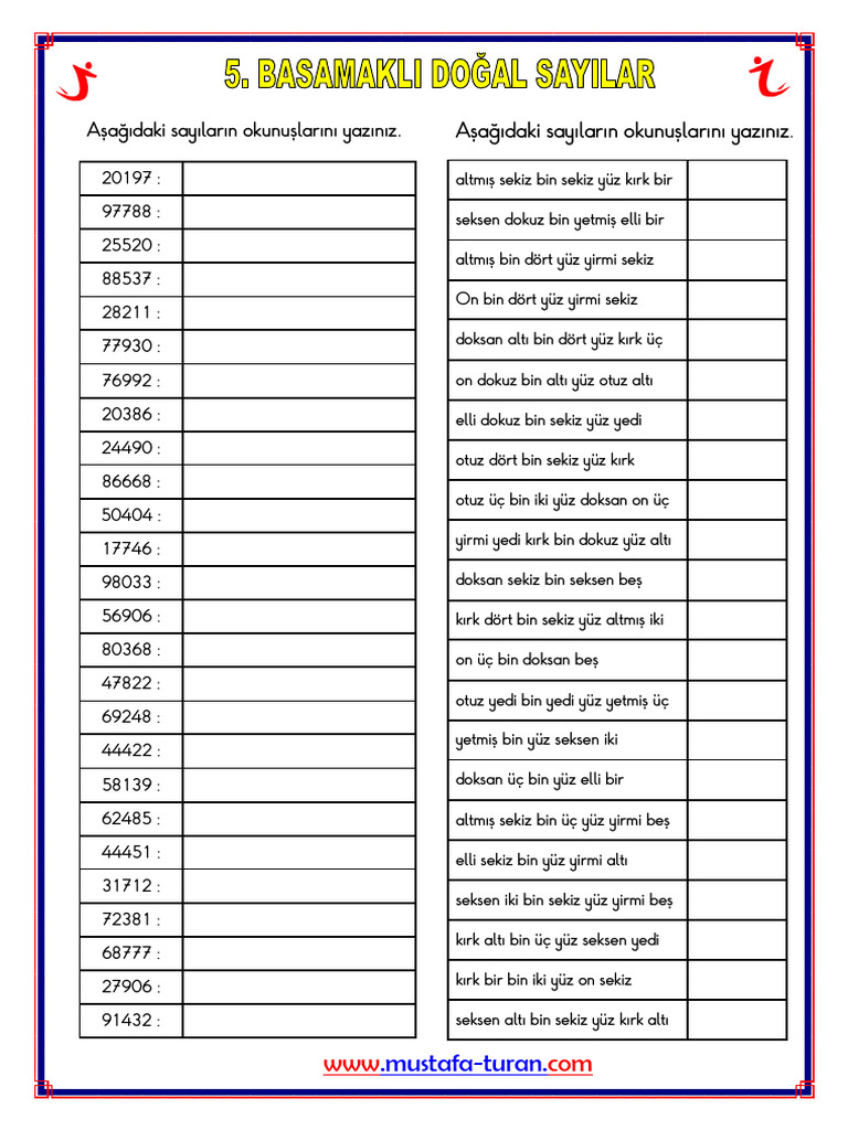5 Basmakli Dogal Sayilar Okuma Yazma Etkinligi | PDF