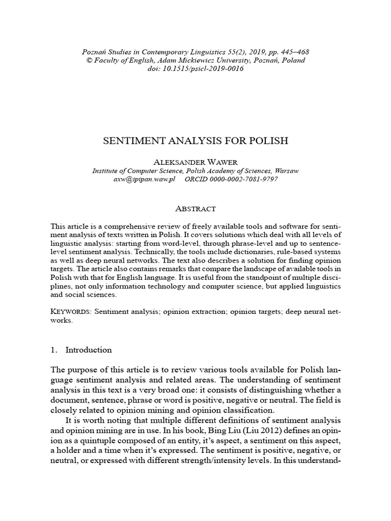 Sentiment Analysis For PolishPoznan Studies in Contemporary Linguistics | PDF | Parsing | Deep ...