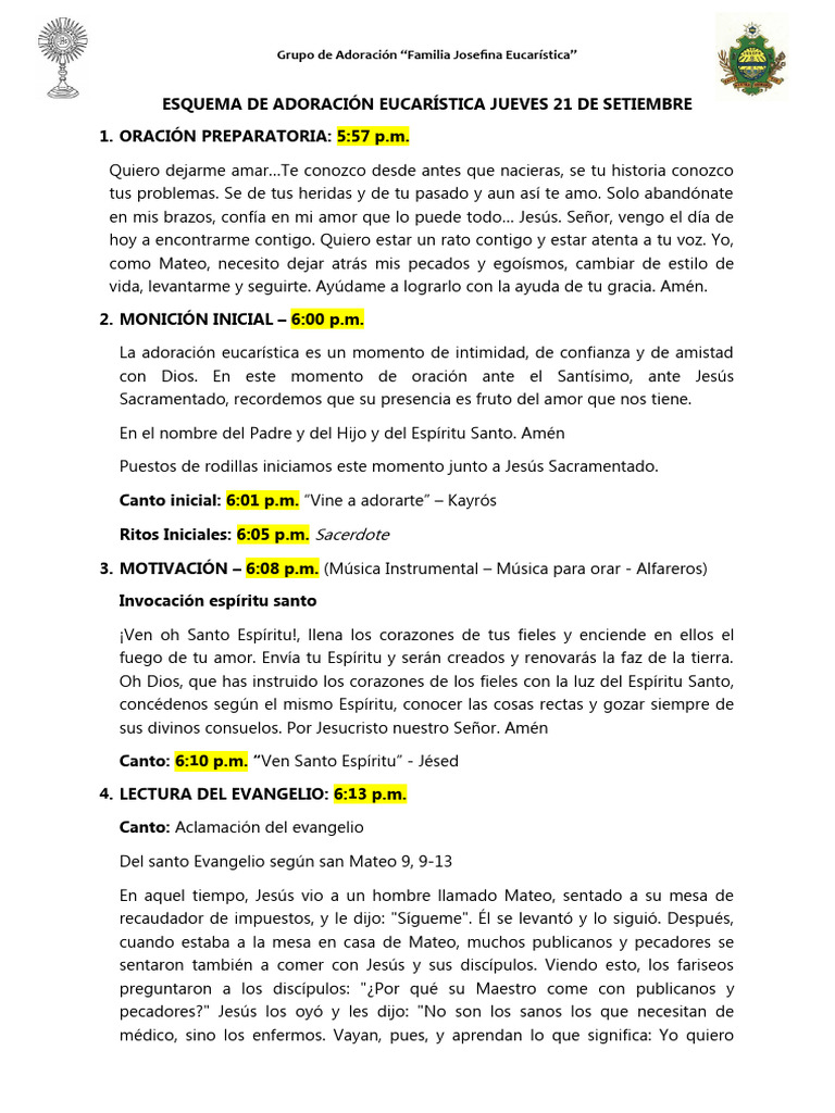 Adoración Eucarística 21 Setiembre | PDF | eucaristía | Oración