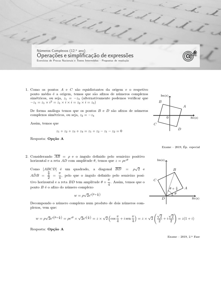 Exercícios de Números Complexos para 12º Ano | PDF | Aritmética | Matemática