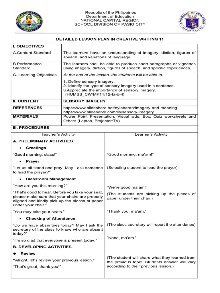 DLP Grade 11 Sensory Imagery | PDF | Senses | Mental Image