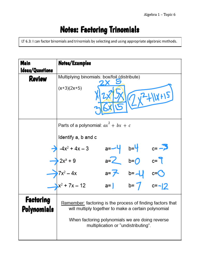 Factoring Trinomials Notes F22 | Download Free PDF | Polynomial ...