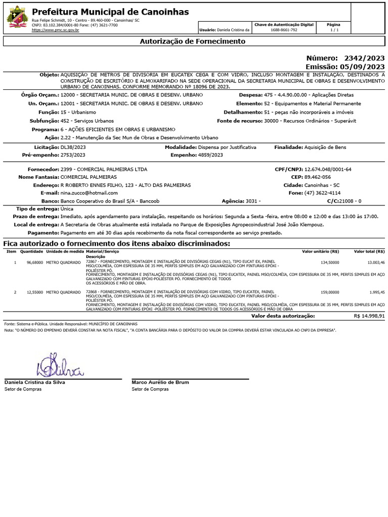 Autorização de Fornecimento 2342/2023 Número: Emissão: 05/09/2023 | PDF Autorização de Fornecimento 2342/2023 Número: Emissão: 05/09/2023 | PDF