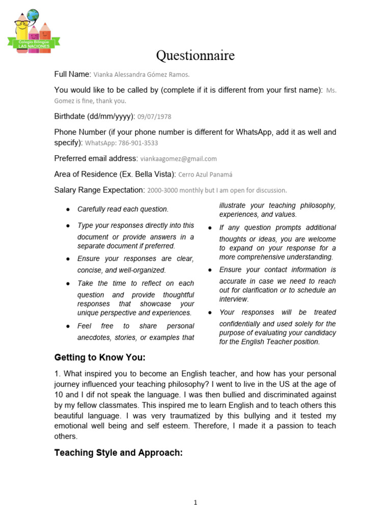 Questionnaire - English Teachers Fillable | PDF | Teaching Method ...