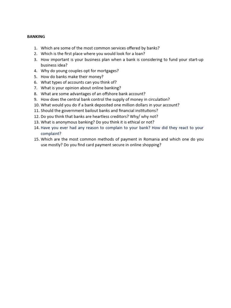 BANKING - Oral Exam Questions | PDF