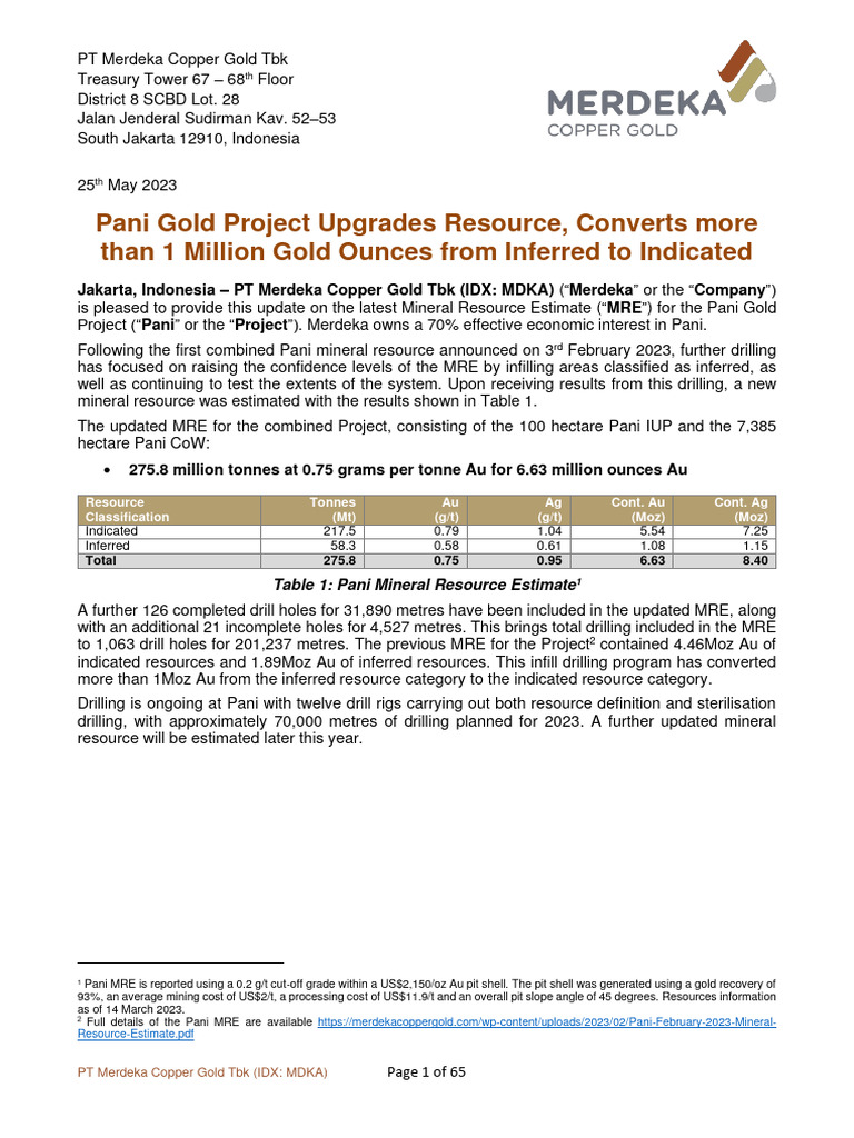 Pani Gold Project Resource Update | PDF | Mining | Drilling