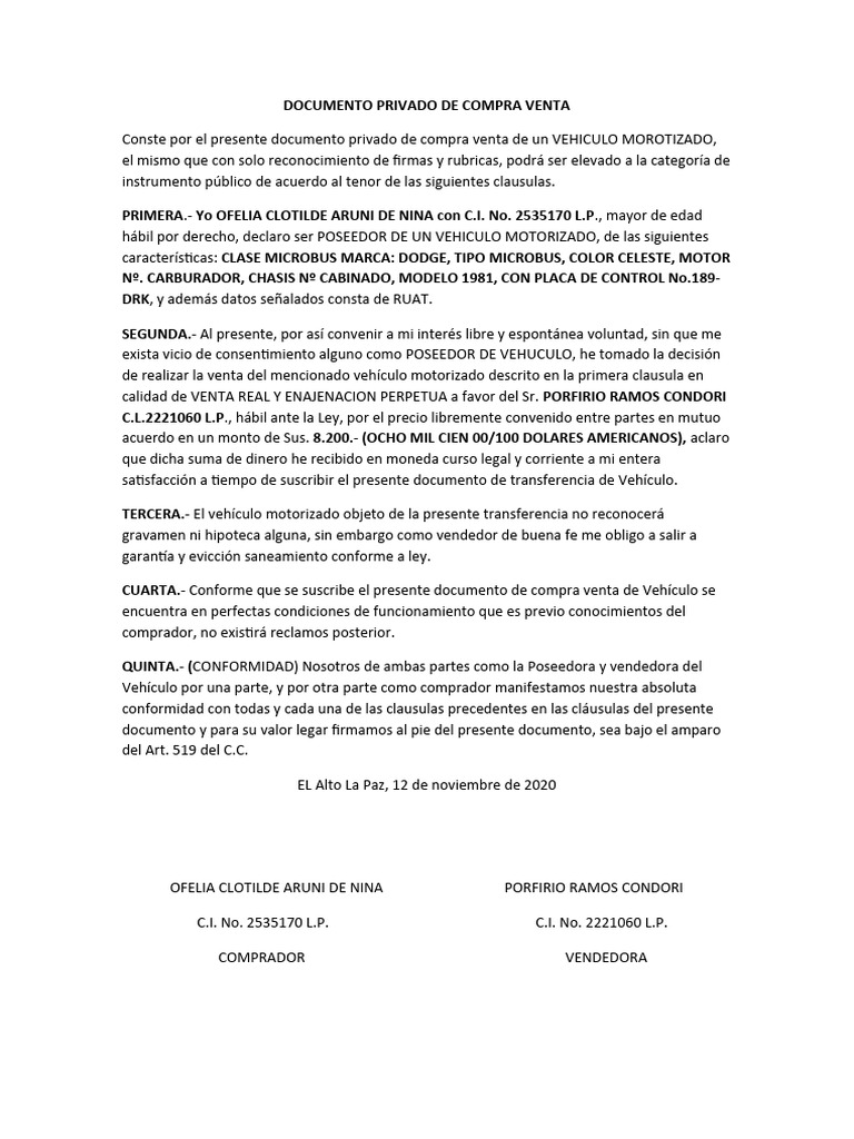 Documento Privado de Compra Venta | PDF