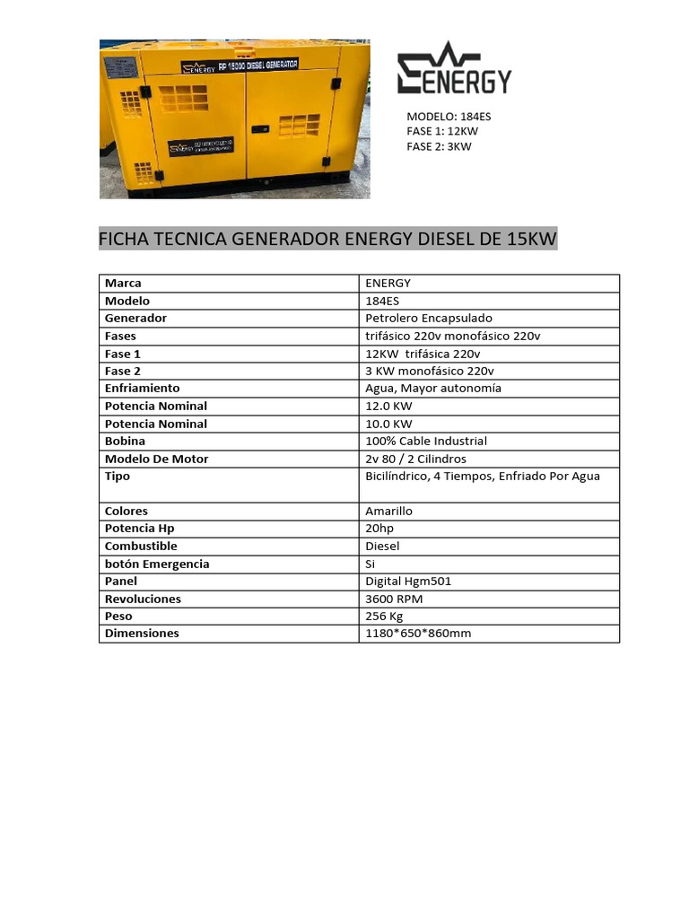 Ficha Tecnica Generador Energy Diesel de 15KW | PDF