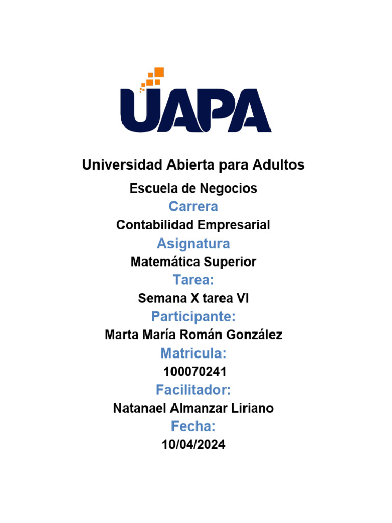 Semana 10 Tarea # VI Matematica Superior | PDF