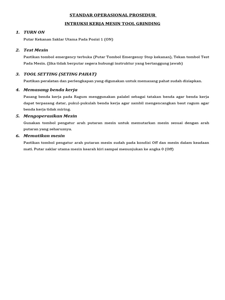 Standar Operasional Prosedur Tool Grinding | PDF
