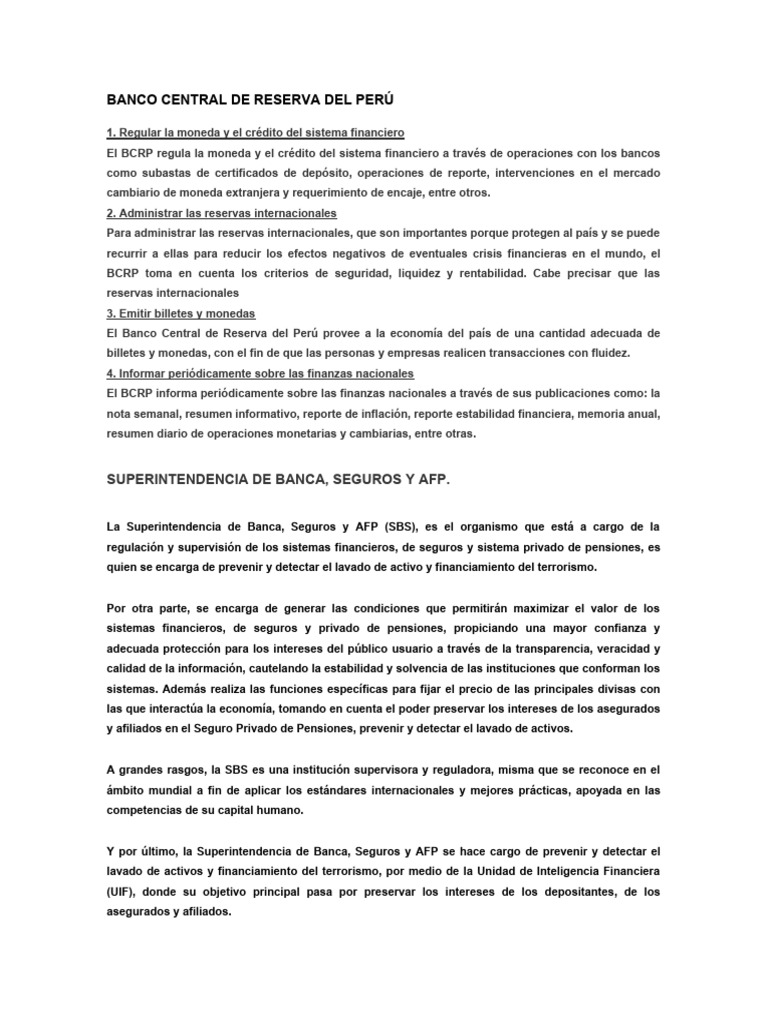 BANCO CENTRAL DE RESERVA DEL PERÚ Y LA SBS | PDF | Moneda | Bancos ...
