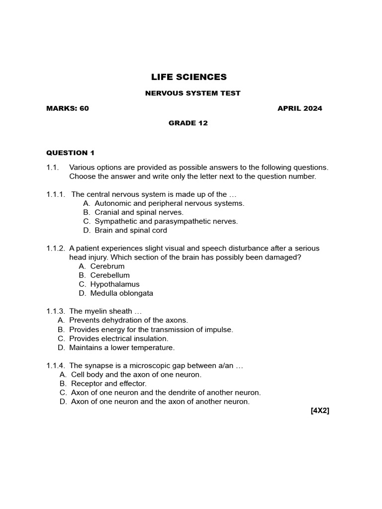 Life Sciences Grade 12 Nervous System | PDF | Nervous System | Neuron