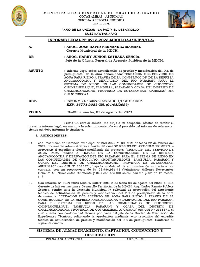 Informe Legal #00000-2023 Aprobacion Del Exp. Tec. Por Actualizacion de Precios | PDF | Gobierno ...