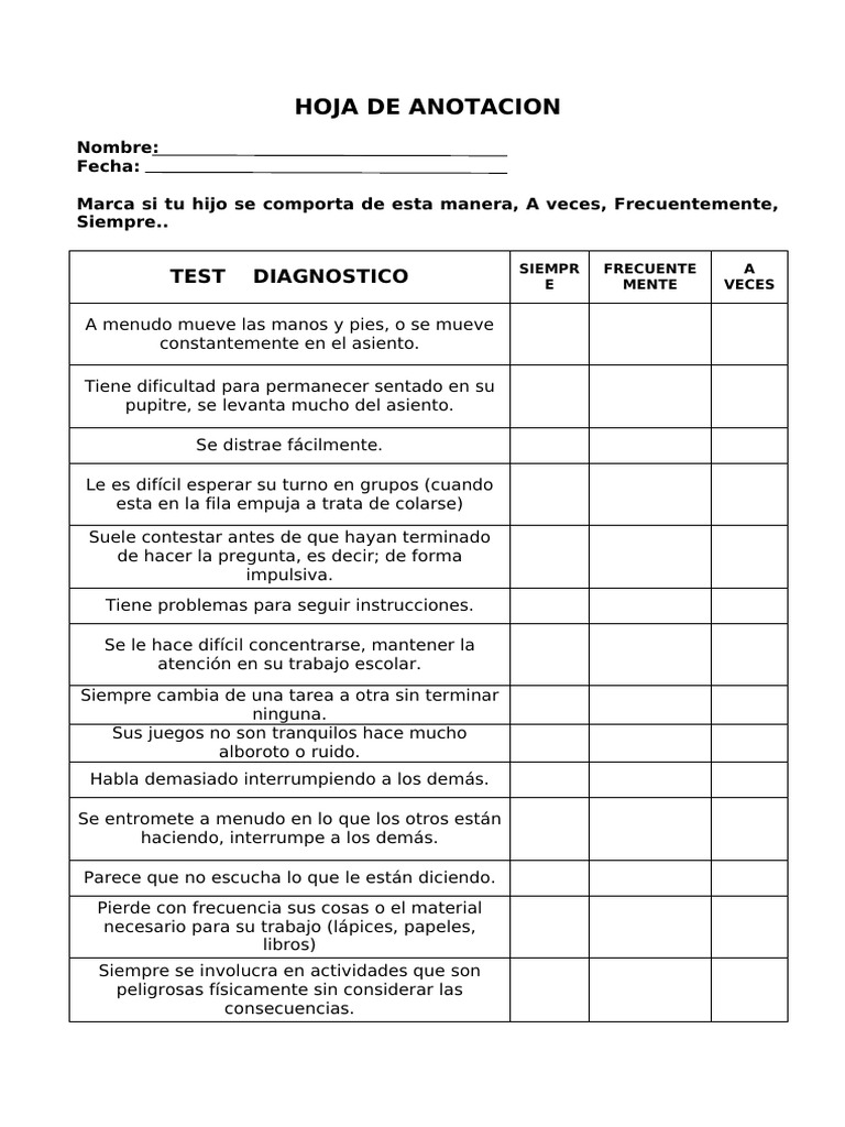 Test de Tdah | Descargar gratis PDF | Desorden hiperactivo y deficit de ...