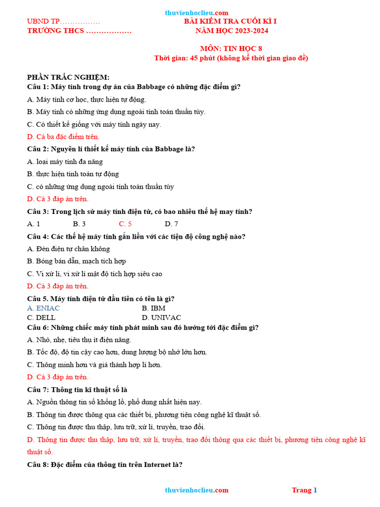 De Kiem Tra HK1 Tin 8 KNTT | PDF