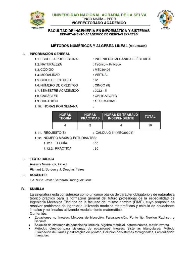 2023-2 - Me030405 Metodos Numericos y Algebra Lineal | PDF | Ecuación diferencial ordinaria ...