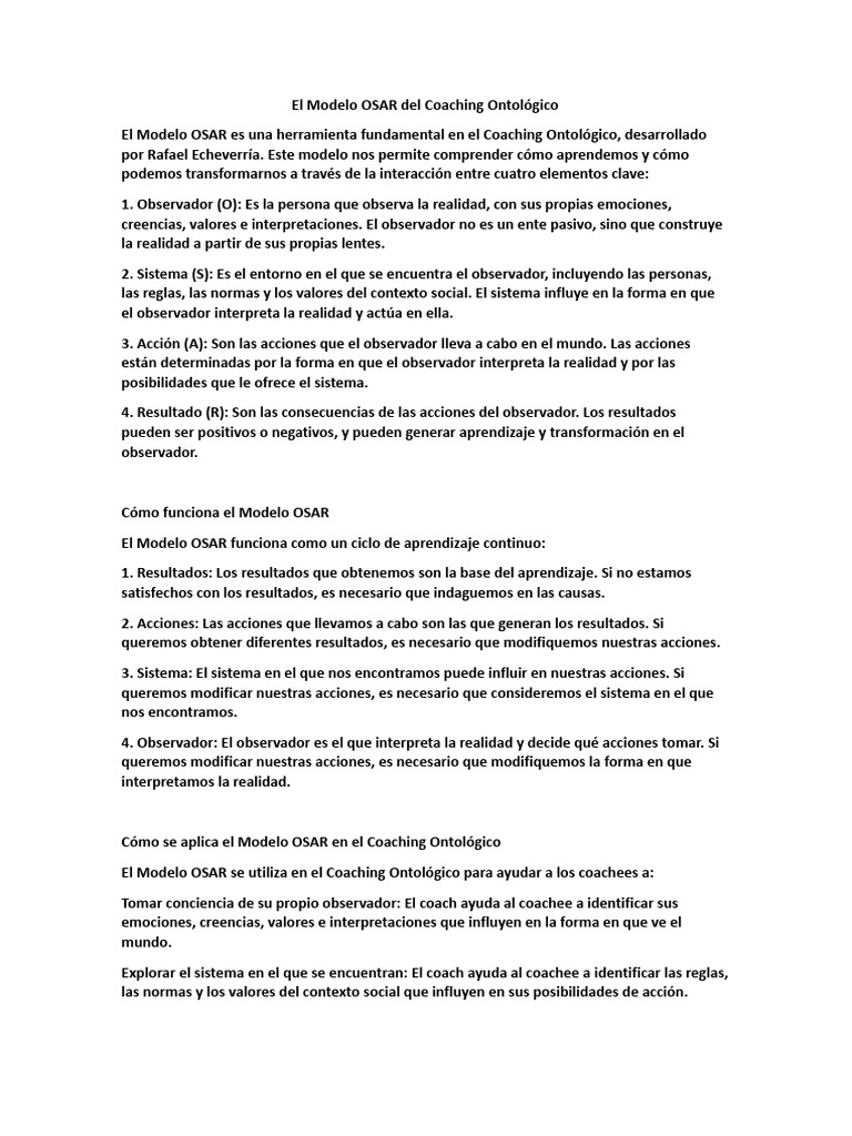 El Modelo OSAR Del Coaching Ontol-Gico | PDF | Aprendizaje | Realidad