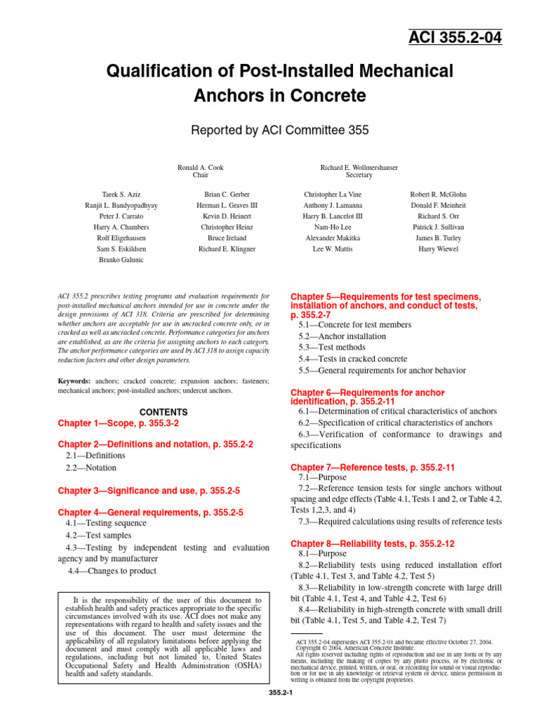 ACI 355.2-04 Qualification of Post Installed Anchors in Concrete | PDF | Strength Of Materials ...