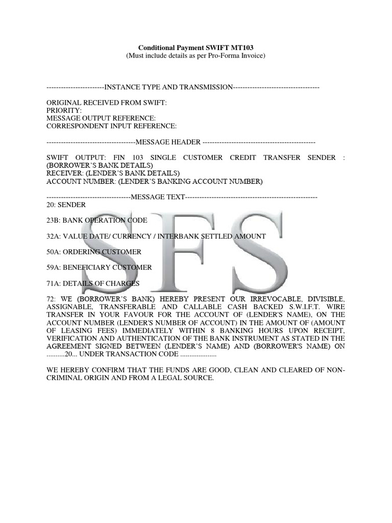 Conditional Payment SWIFT MT103 | PDF