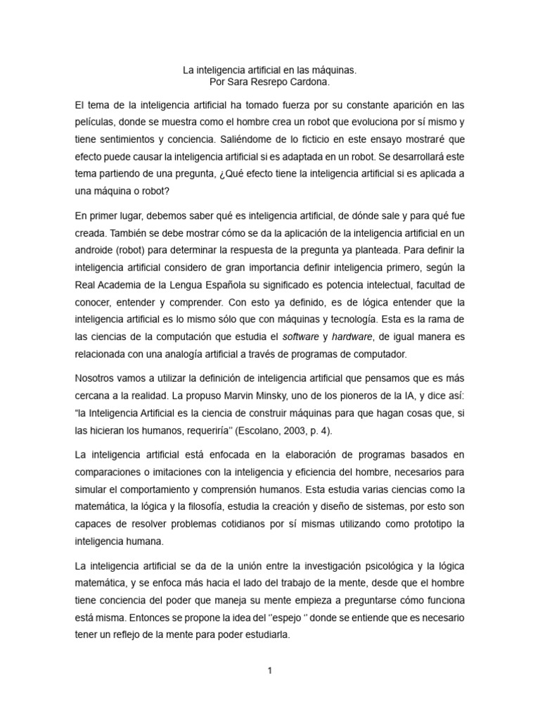 Ensayo Sobre La Inteligencia Artificial | PDF | Inteligencia artificial ...