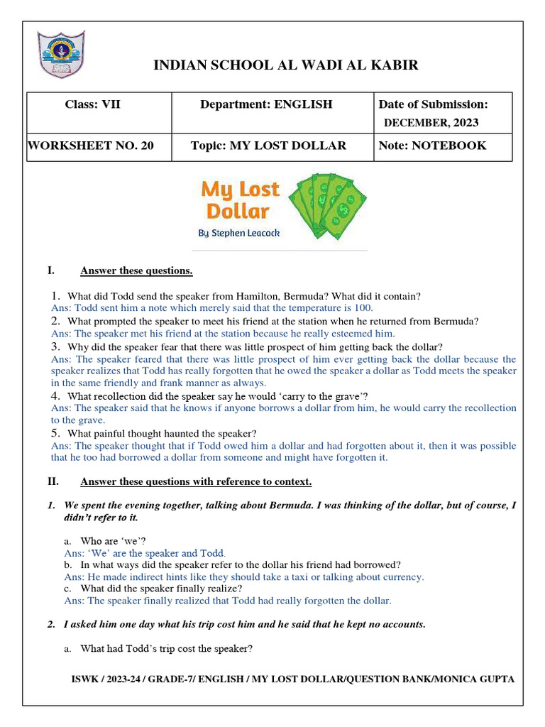 3966779-Worksheet No. 20-My Lost Dollar-Question Bank - Monica Gupta ...