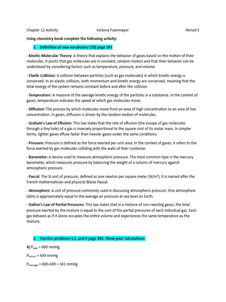 Chapter 11 Activity - Victoria Fuenmayor | PDF | Pascal (Unit) | Gases