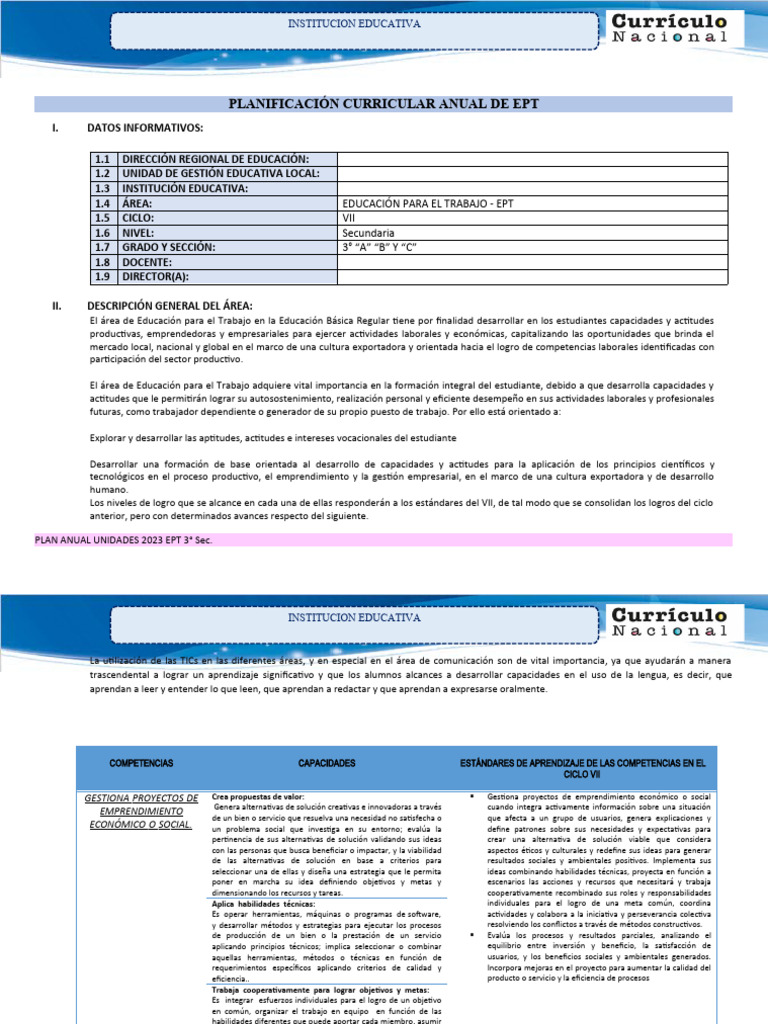 Plan Anual EPT 2023 para Secundaria | PDF | Iniciativa empresarial ...