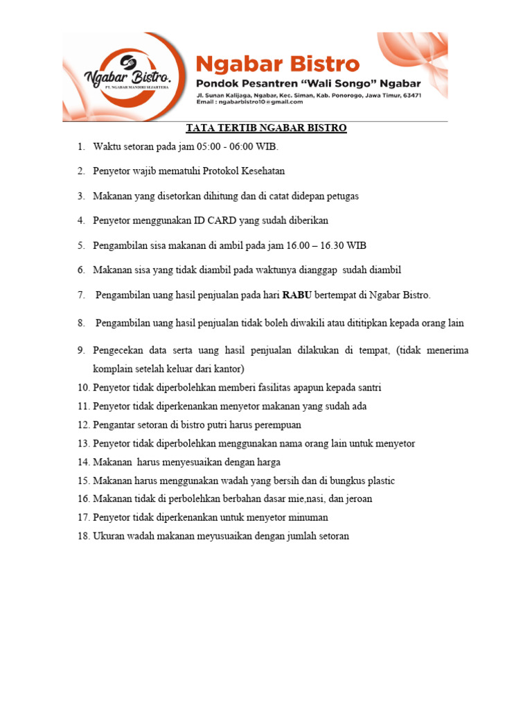Tata Tertib Penyetor Ngabar Bistro-1 | PDF