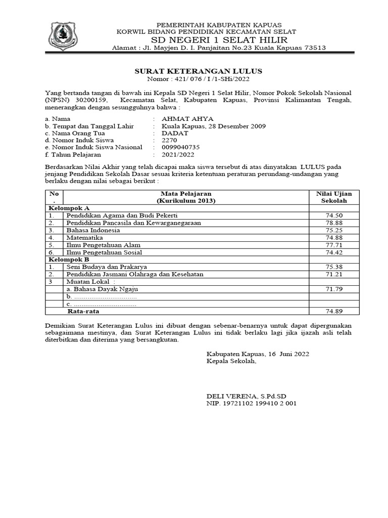 Surat Keterangan Lulus SD 2022 | PDF