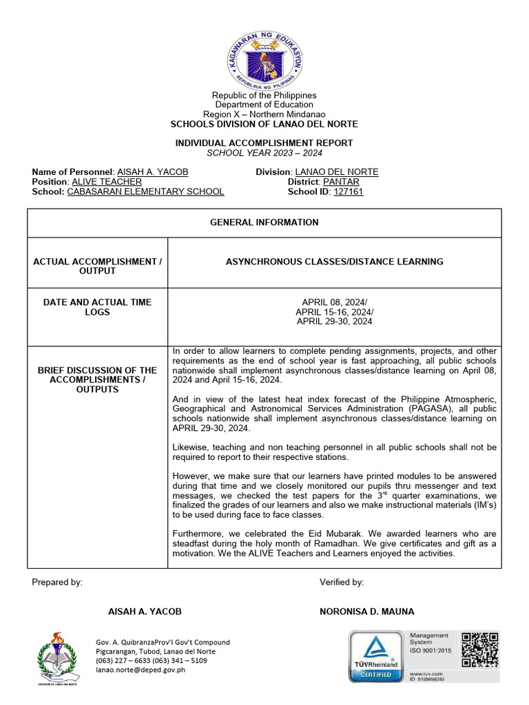 Asynchronous Distance Learning Accomplishment Report | PDF | Teachers ...