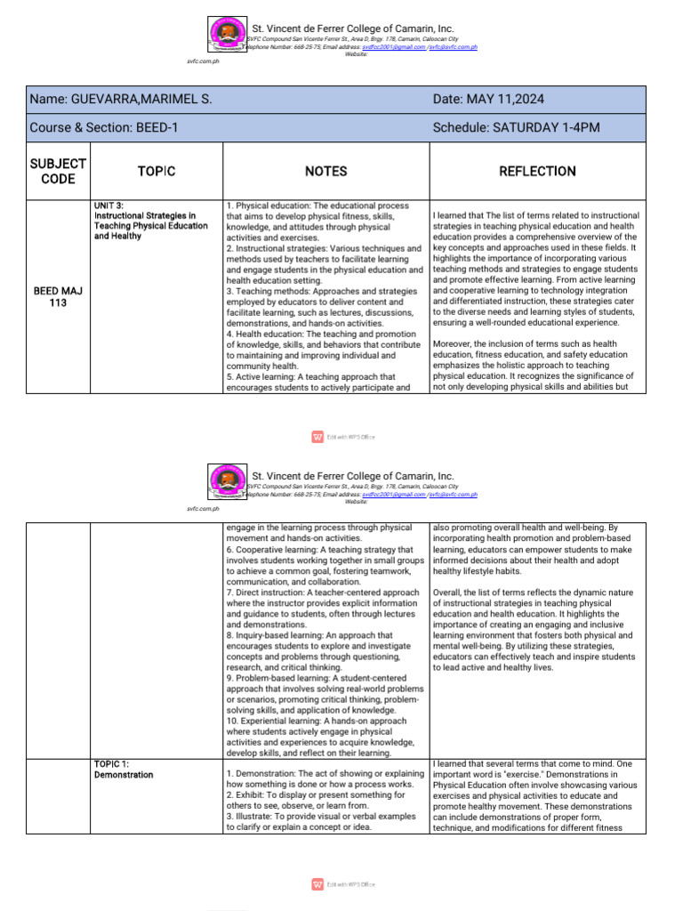 Unit 3 Cornell Notes | PDF | Physical Education | Learning