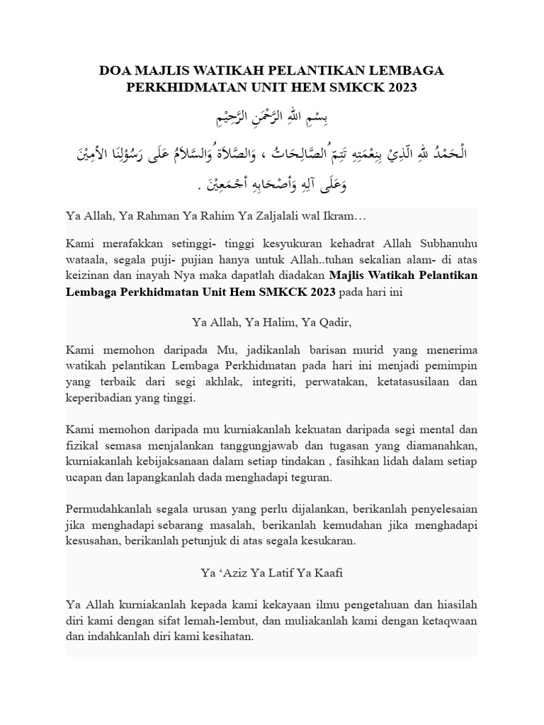 Doa Majlis Watikah Pelantikan Lembaga Perkhidmatan SMKCK 2023 | PDF | Agama & Spiritualitas