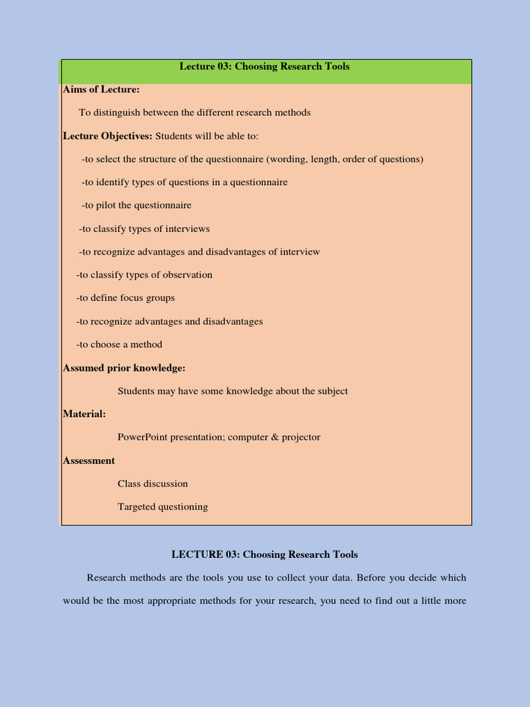 Lecture 03 Choosing Research Tools | PDF | Questionnaire | Focus Group