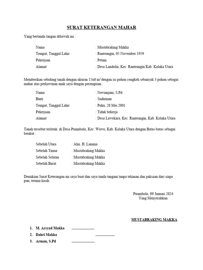 Surat Keterangan Mahar | PDF