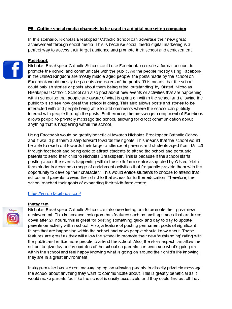 P5 - Outline Social Media Channels To Be Used in A Digital Marketing ...