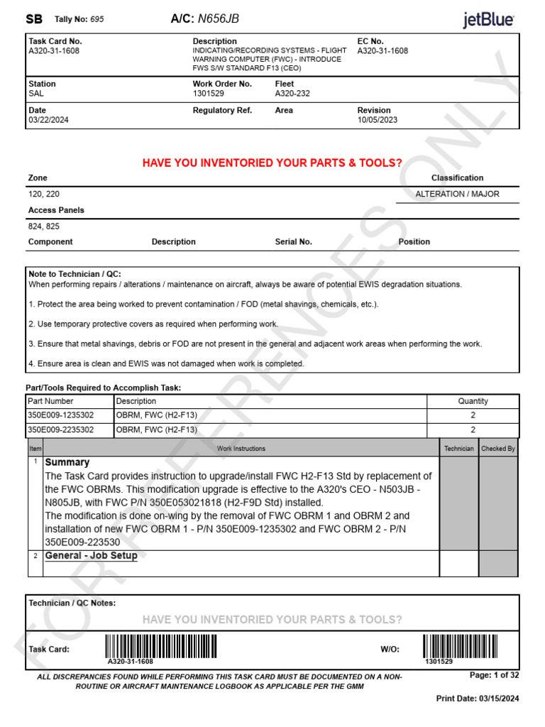 FWC Upgrade Task Card for A320 N656JB | PDF | Electrical Connector ...