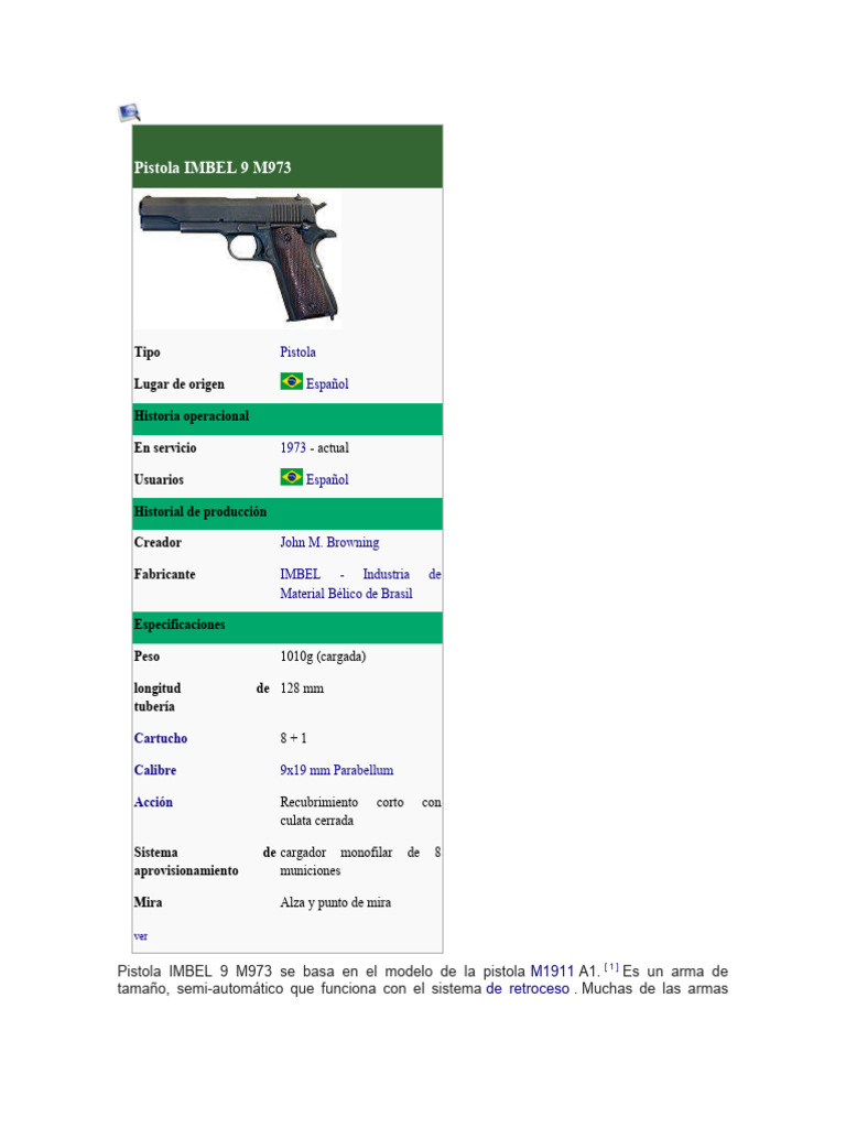Defensa Pistola IMBEL 9 M973 | PDF | Proyectiles | Vuelo