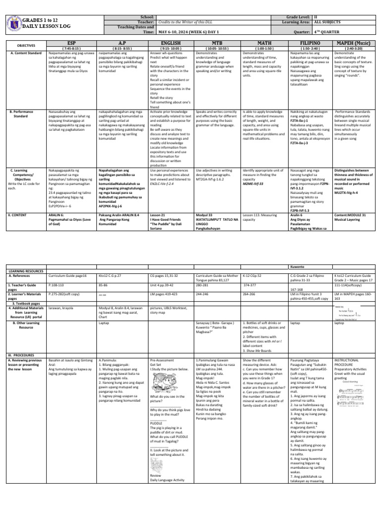 DLL - All Subjects 2 - Q4 - W6 - D1 | PDF