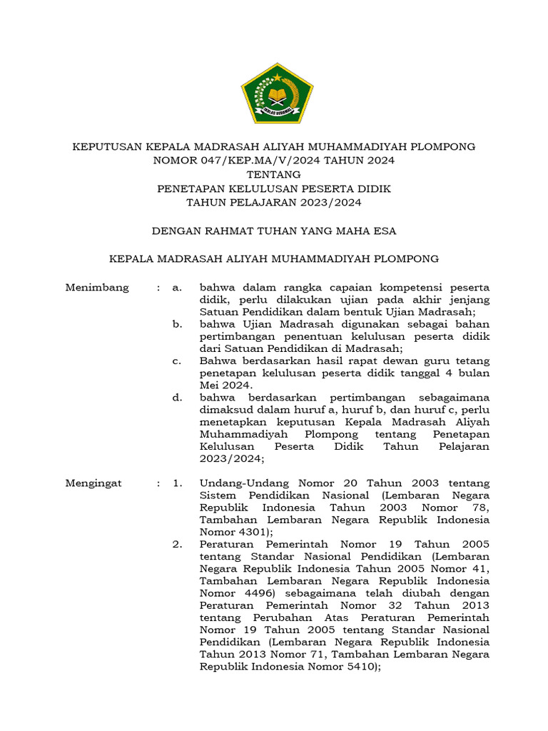 Penetapan Kelulusan MA Muhammadiyah 2024 | PDF