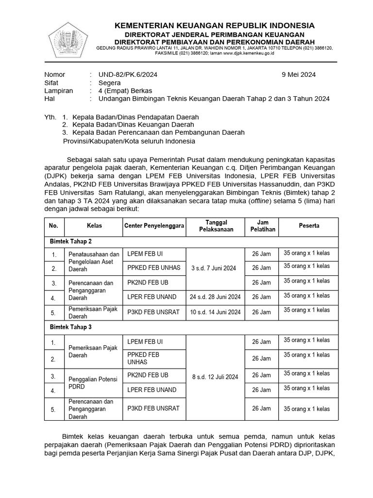 UND 82 2024 Undangan Peserta Bimtek Tahap 2 Dan Tahap 3 TA 2024 | PDF