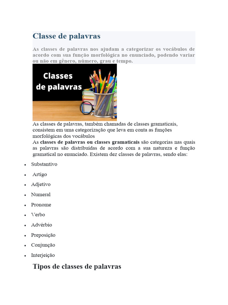 Classe de Palavras | Download grátis PDF | Classe gramatical | Palavra
